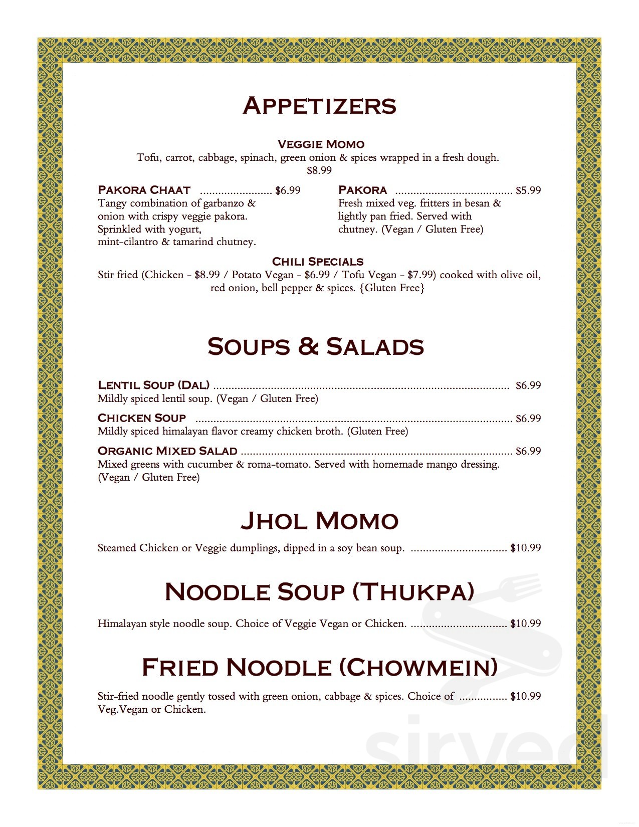 Menu - Ukiah CA's Taste of Nepal | Sirved