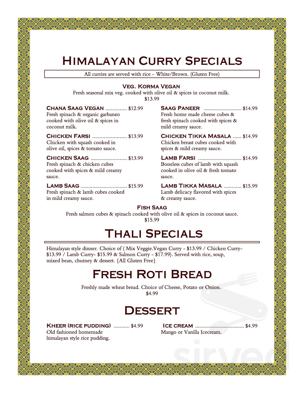 Menu - Ukiah CA's Taste of Nepal | Sirved