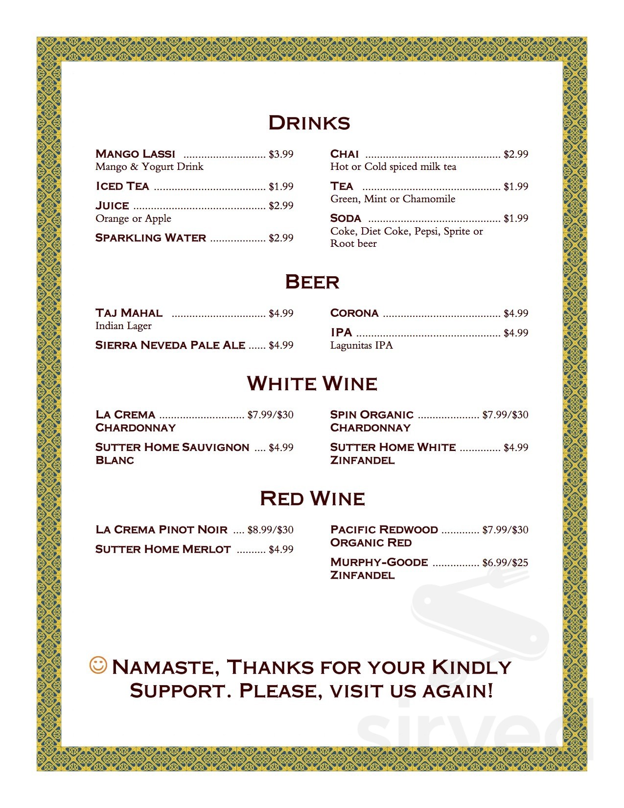 Menu - Ukiah CA's Taste of Nepal | Sirved