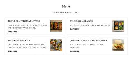 TUGO menu in Calgary, Alberta, Canada
