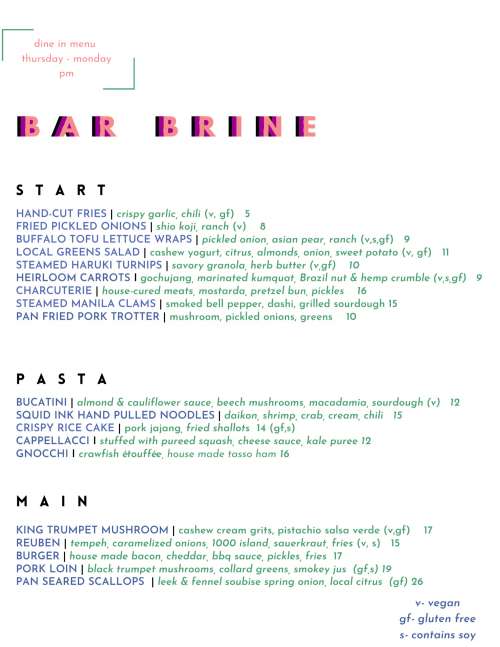 Sneaky Pickle & Bar Brine menu in New Orleans, Louisiana, USA
