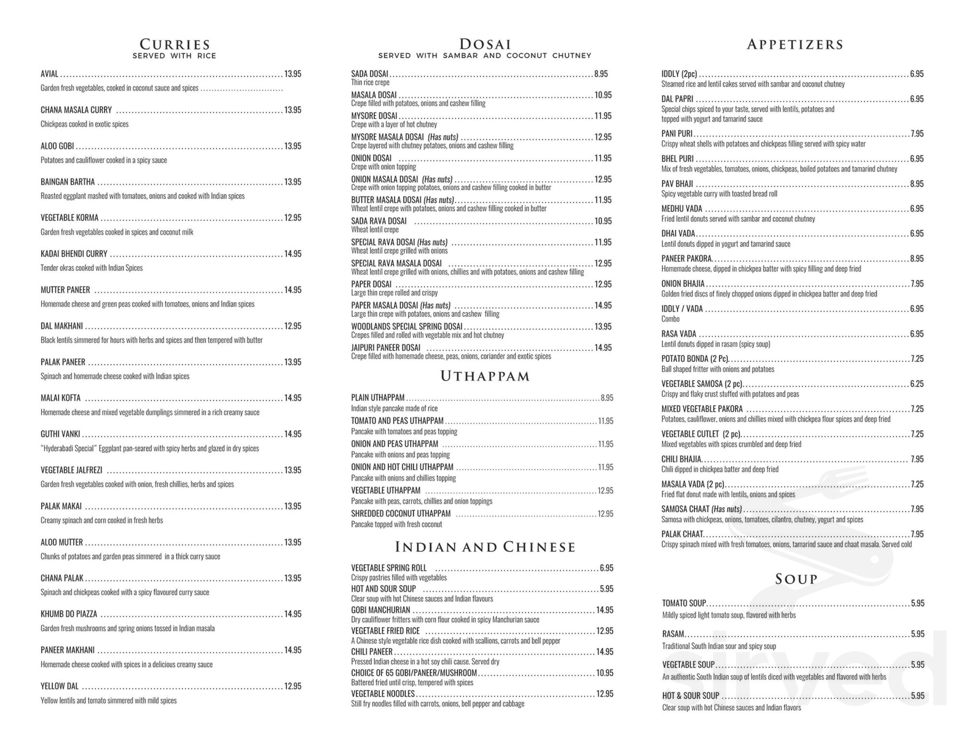 Woodlands Restaurant Pure Vegetarian Indian Cuisine menu in ...