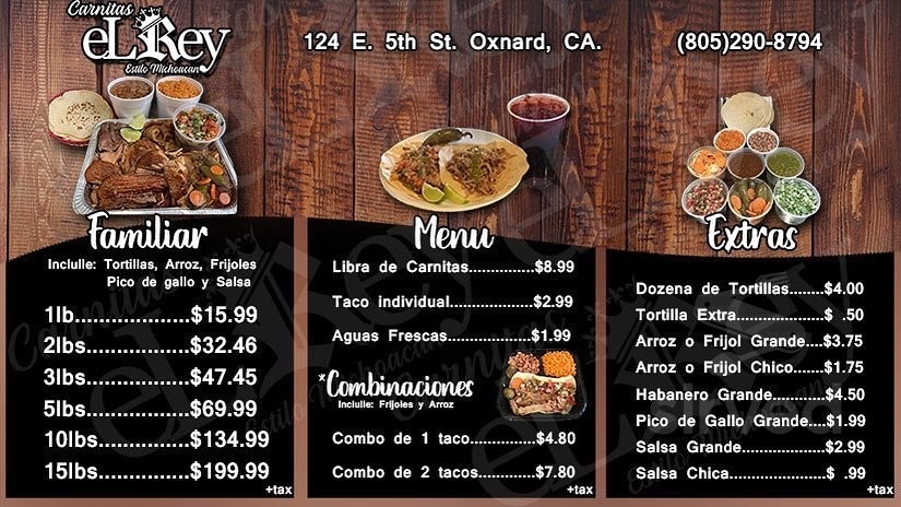 Menu for Carnitas El Rey in Oxnard, CA | Sirved