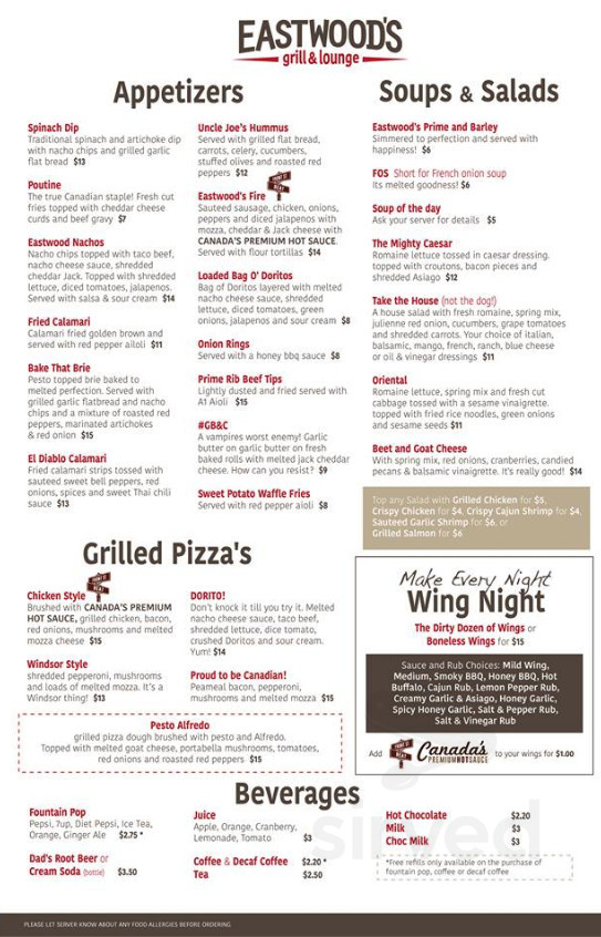 Menu - Windsor ON's Eastwood's Grill and Lounge | Sirved