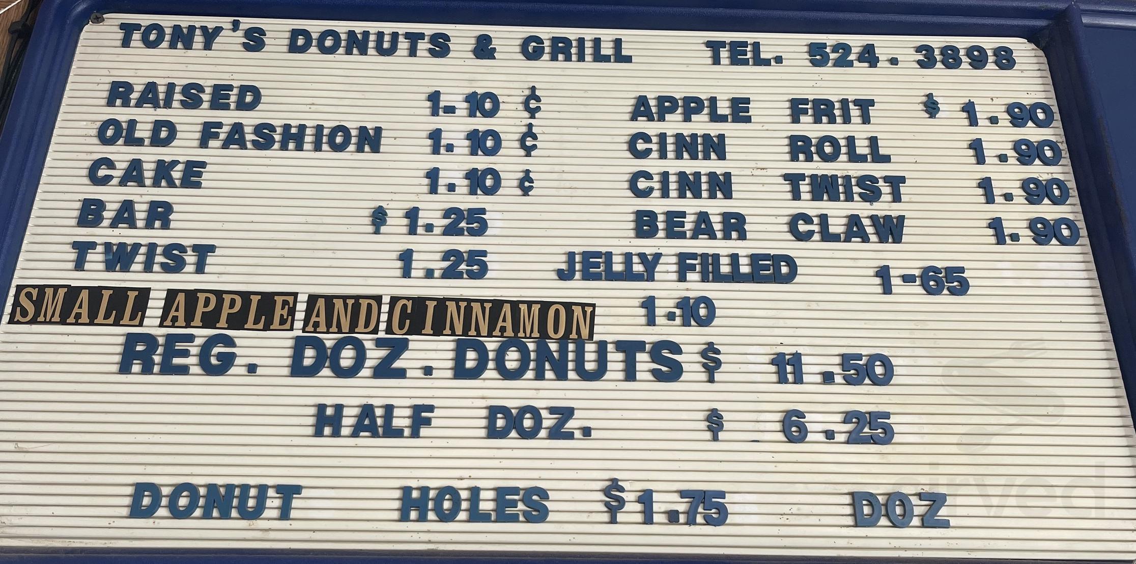 Tony's Donut & Grill menu in Modesto, California, USA