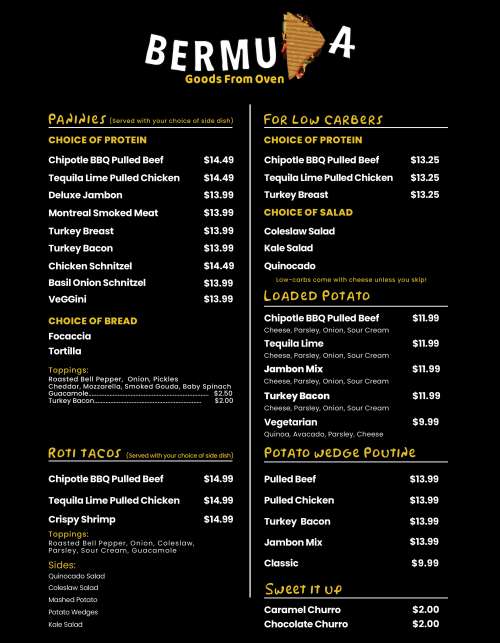 Bermuda menu in Aurora, Ontario, Canada