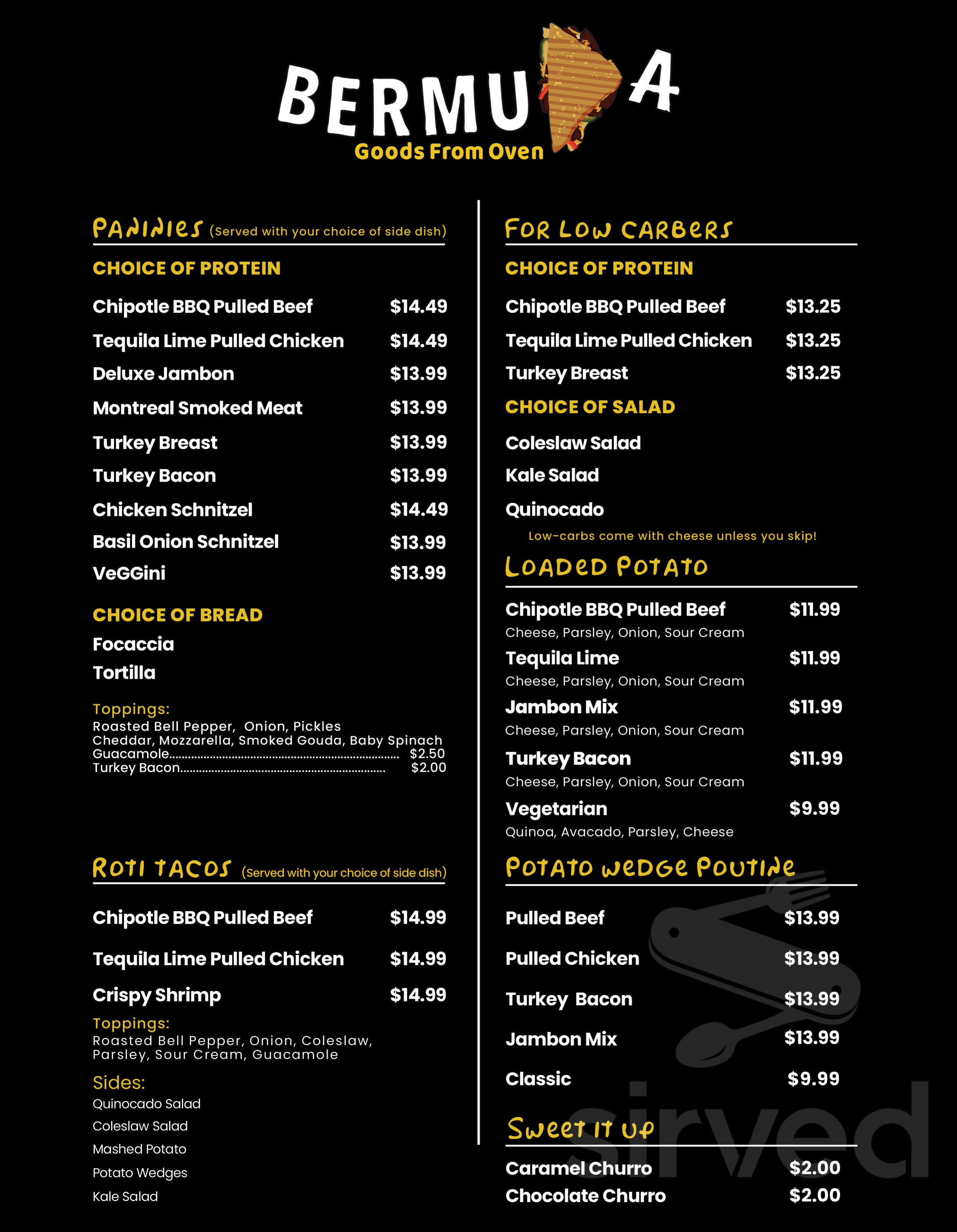 Bermuda menu in Aurora, Ontario, Canada