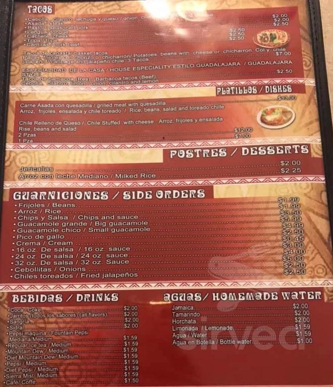 Rincón azteca menu in Rockford, Illinois, USA
