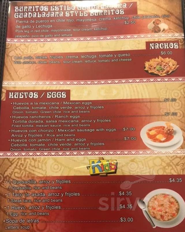 Rincón azteca menu in Rockford, Illinois, USA