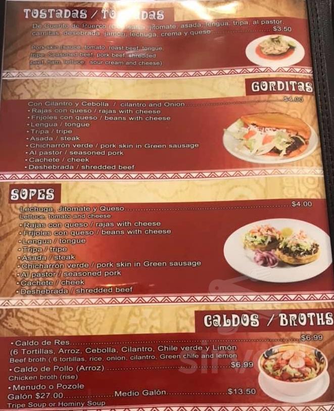 Rincón azteca menu in Rockford, Illinois, USA