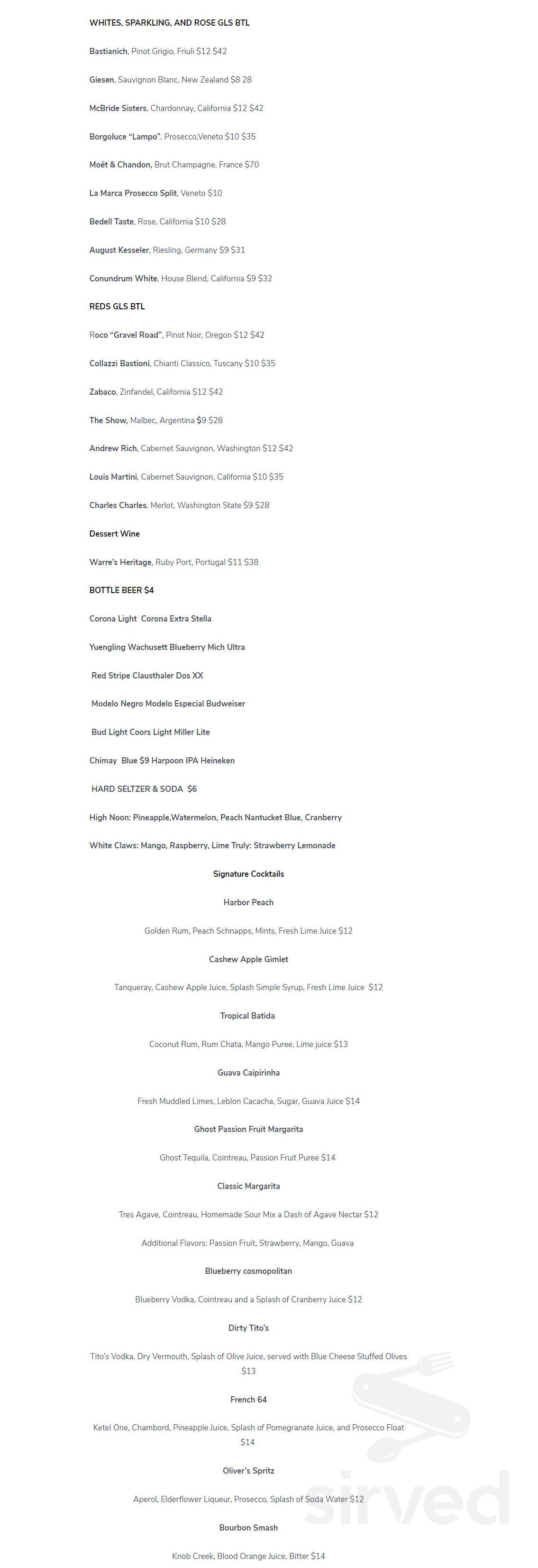 Oliver's Harbor Restaurant & Bar menu in Gloucester, Massachusetts, USA