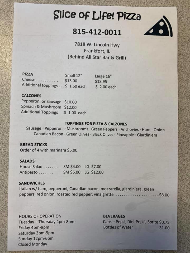 Slice of Life Pizzeria menu in Frankfort, Illinois, USA