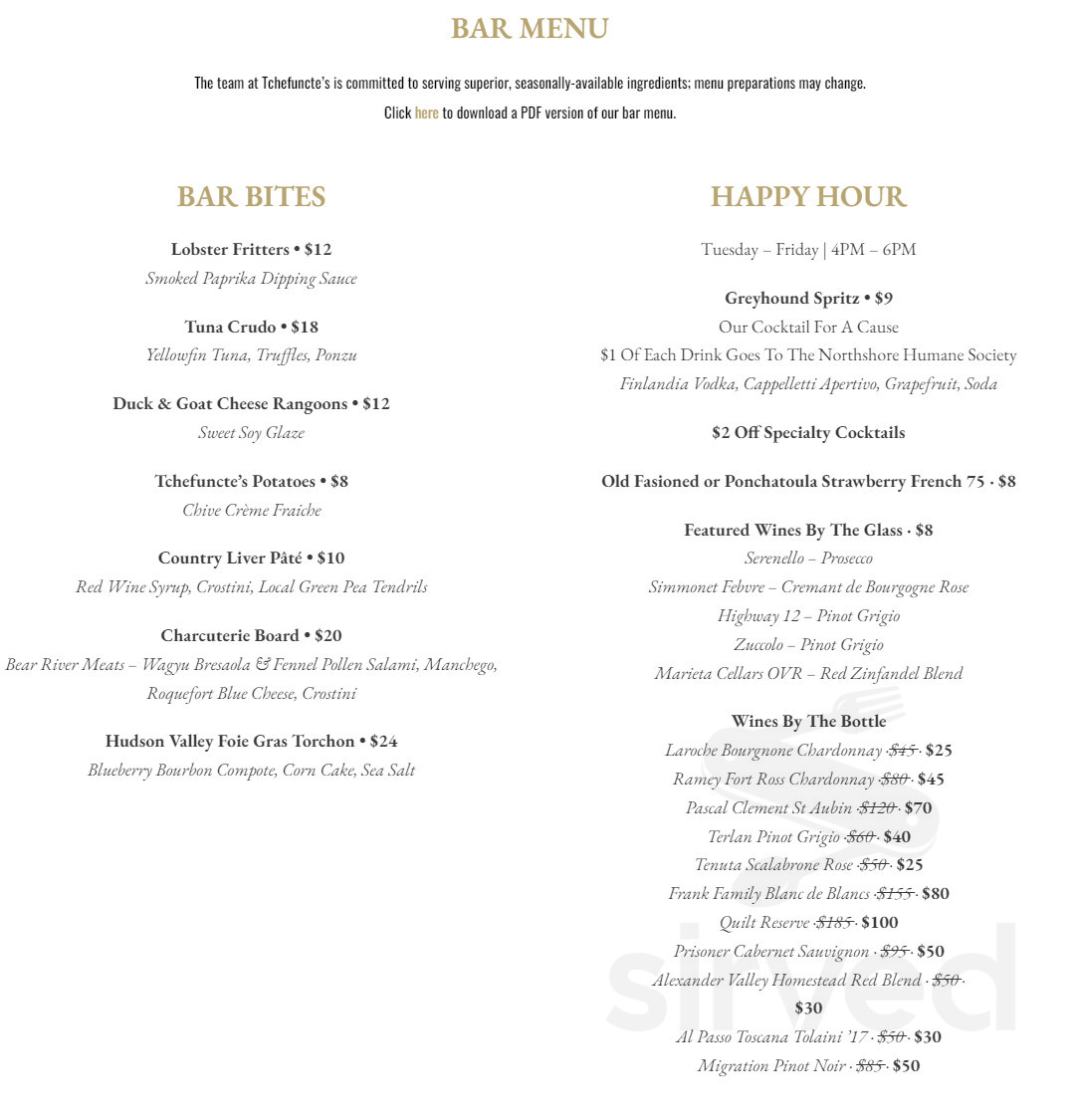 Menu for Tchefuncte's Restaurant in Madisonville, LA | Sirved