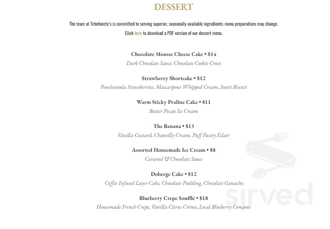 Tchefuncte's Restaurant menu in Madisonville, Louisiana, USA