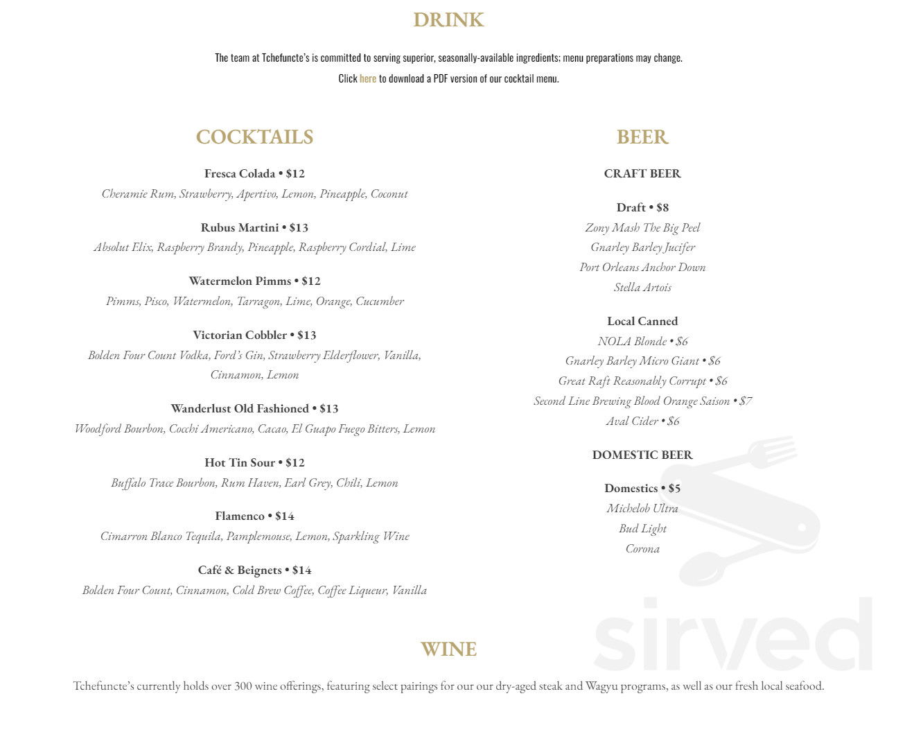 Menu for Tchefuncte's Restaurant in Madisonville, LA | Sirved