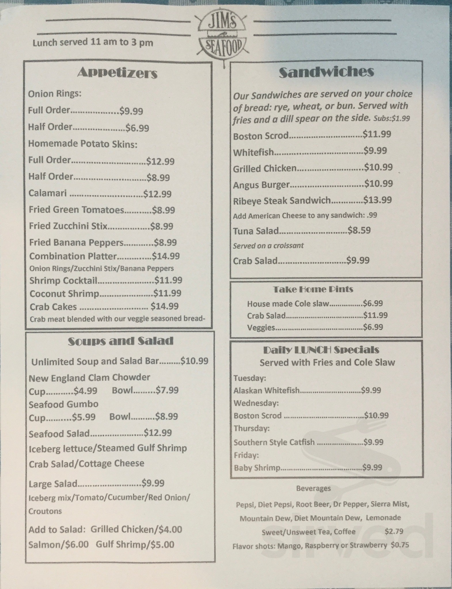 Jim's Seafood menu in Frankfort, Kentucky, USA
