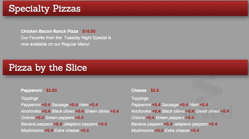 The Original Pizza Place menu in Marietta, Ohio, USA
