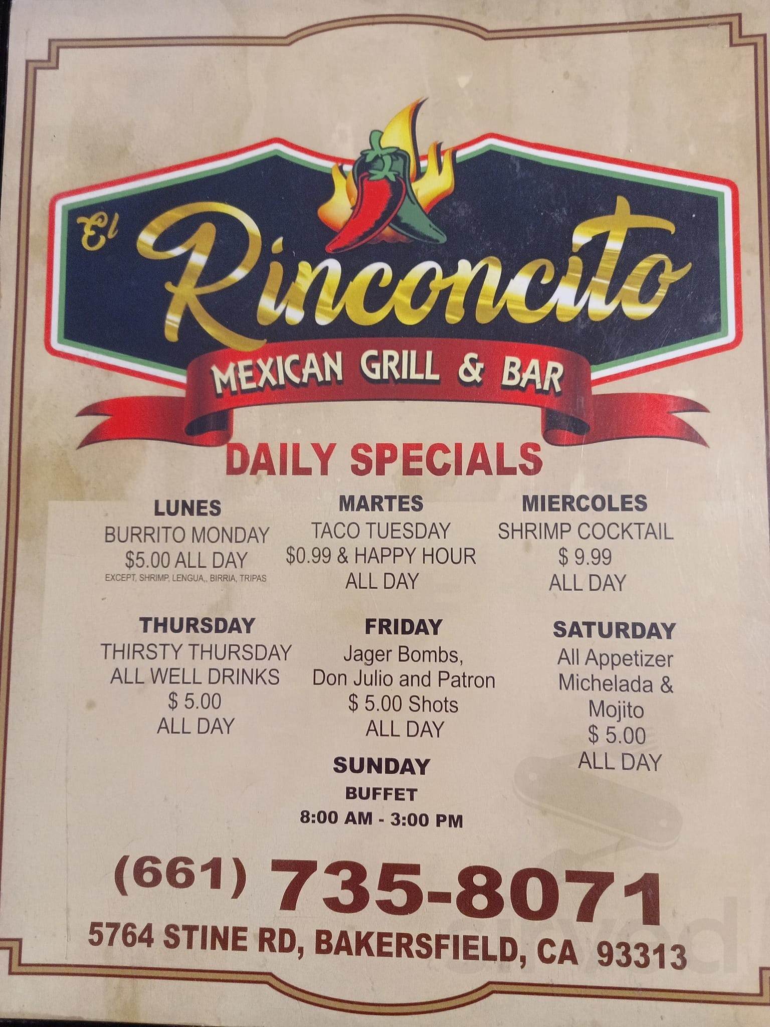 EL RINCONCITO MEXICAN GRILL AND BAR menu in Bakersfield, California, USA