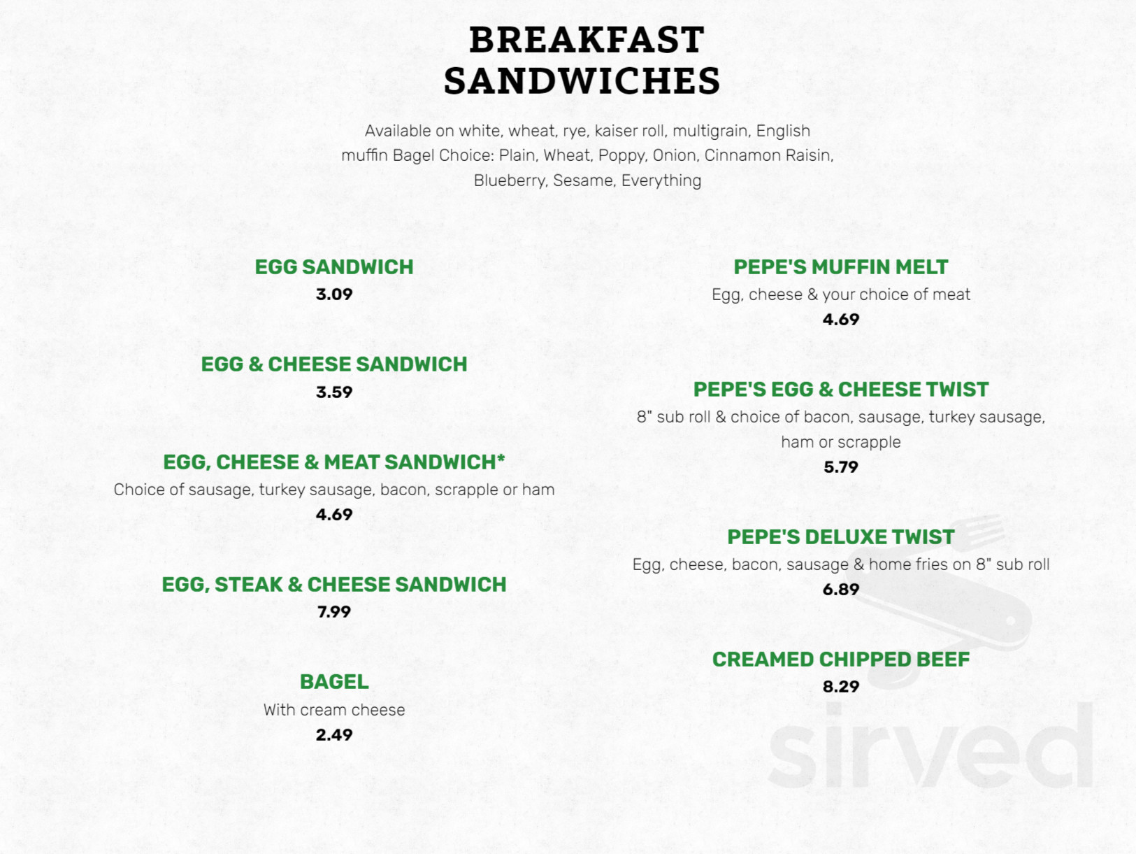 Pepe's menu in Baltimore, Maryland, USA