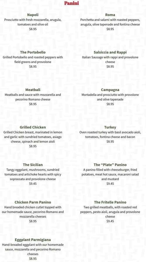 Park Avenue Paninoteca menu in Rochester, New York, USA