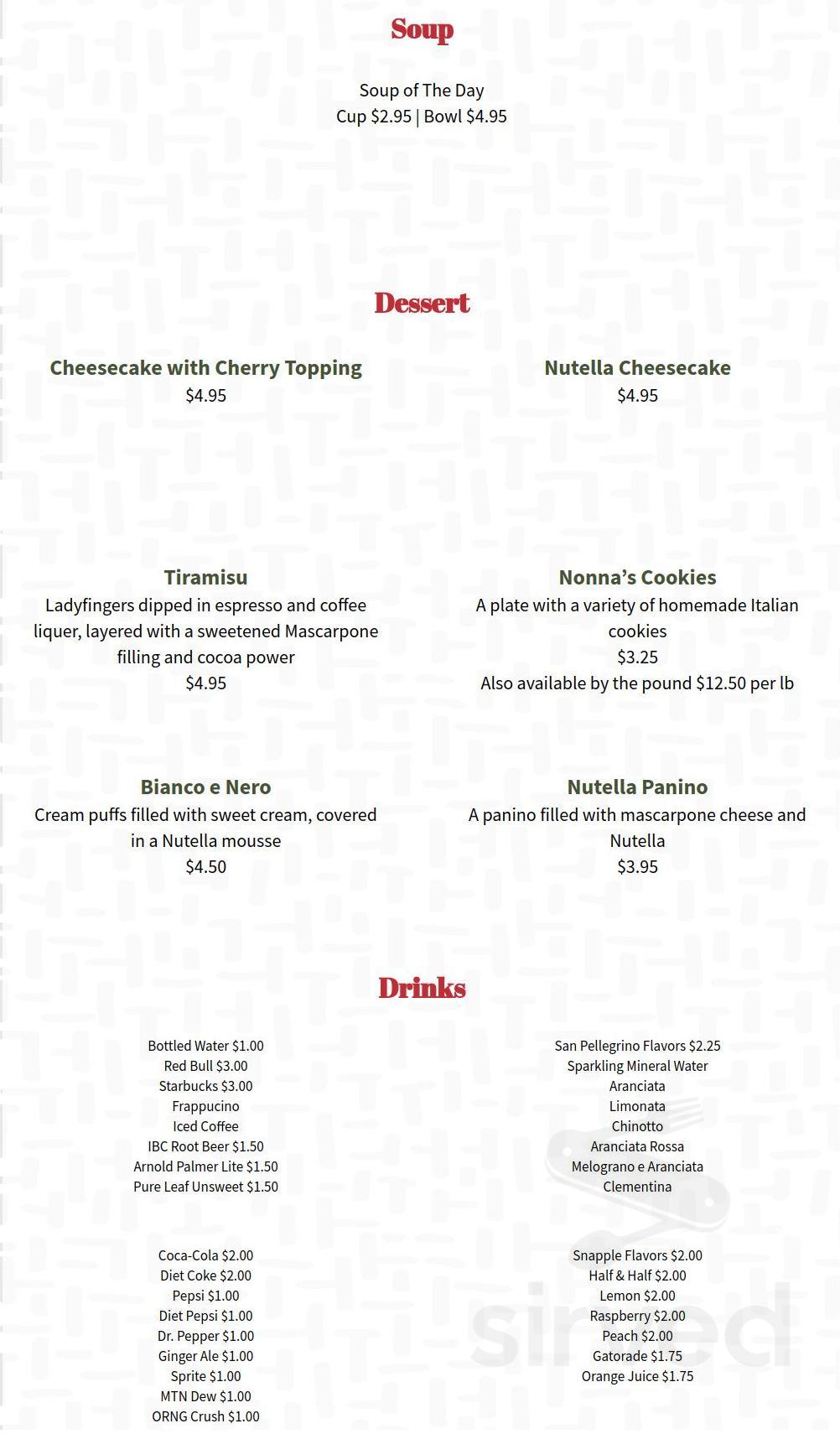 Park Avenue Paninoteca menu in Rochester, New York, USA