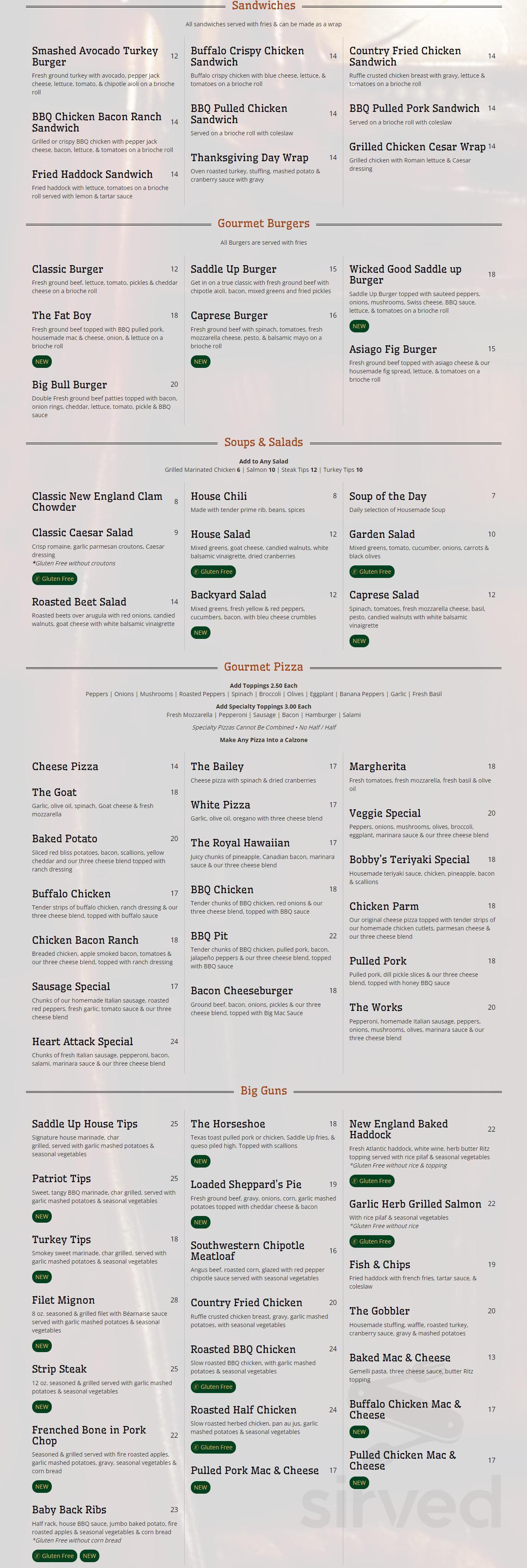 Menu for Saddle Up Saloon in Kingston, NH | Sirved