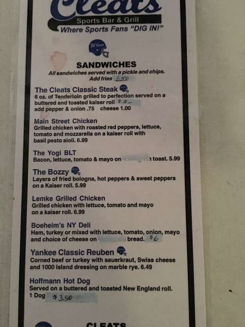 Cleats menu in Whitesboro, New York, USA