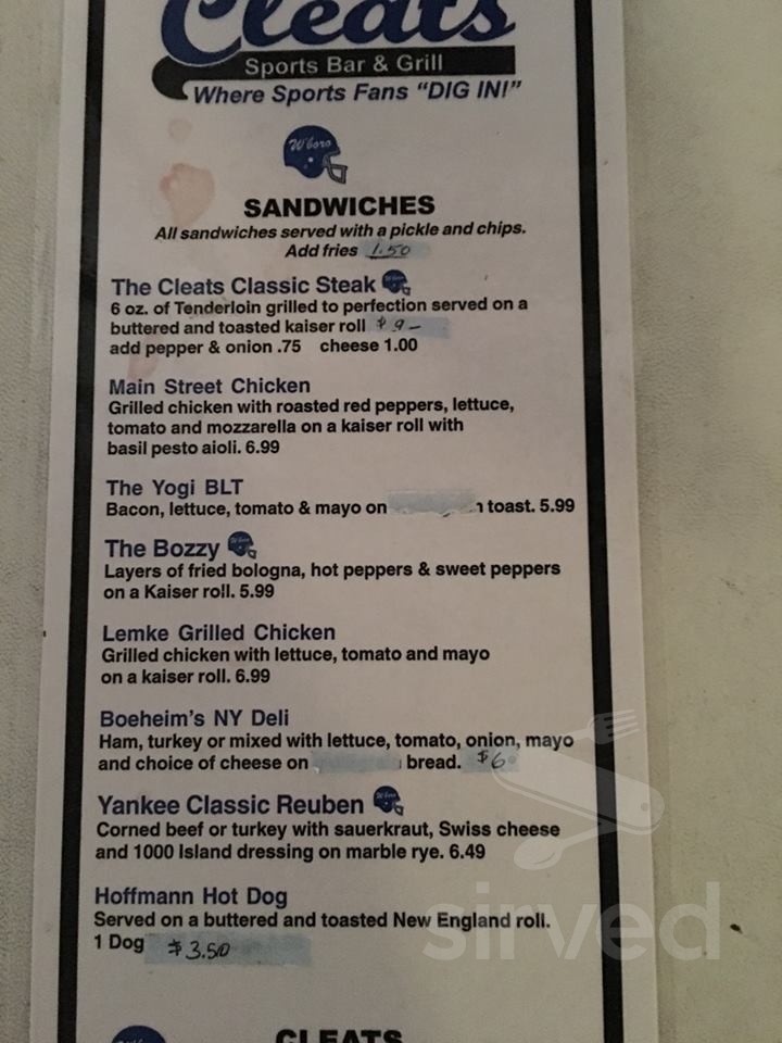 Cleats menu in Whitesboro, New York, USA