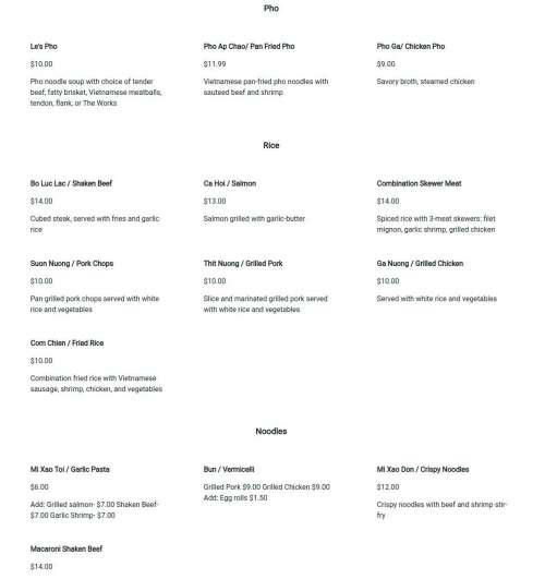 Le Kitchen Pho and Rice menu in Anaheim, California, USA