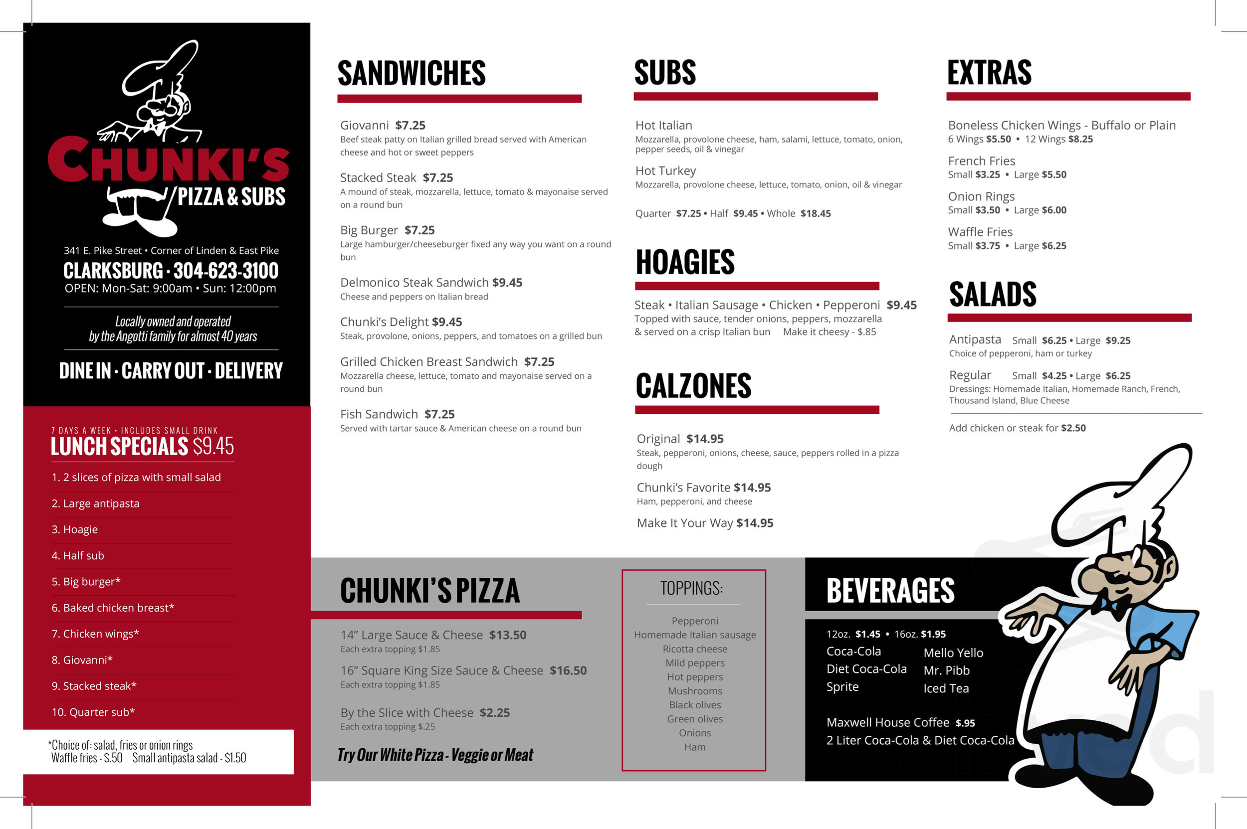 Menu for Chunki's Pizza & Subs in Clarksburg, WV | Sirved