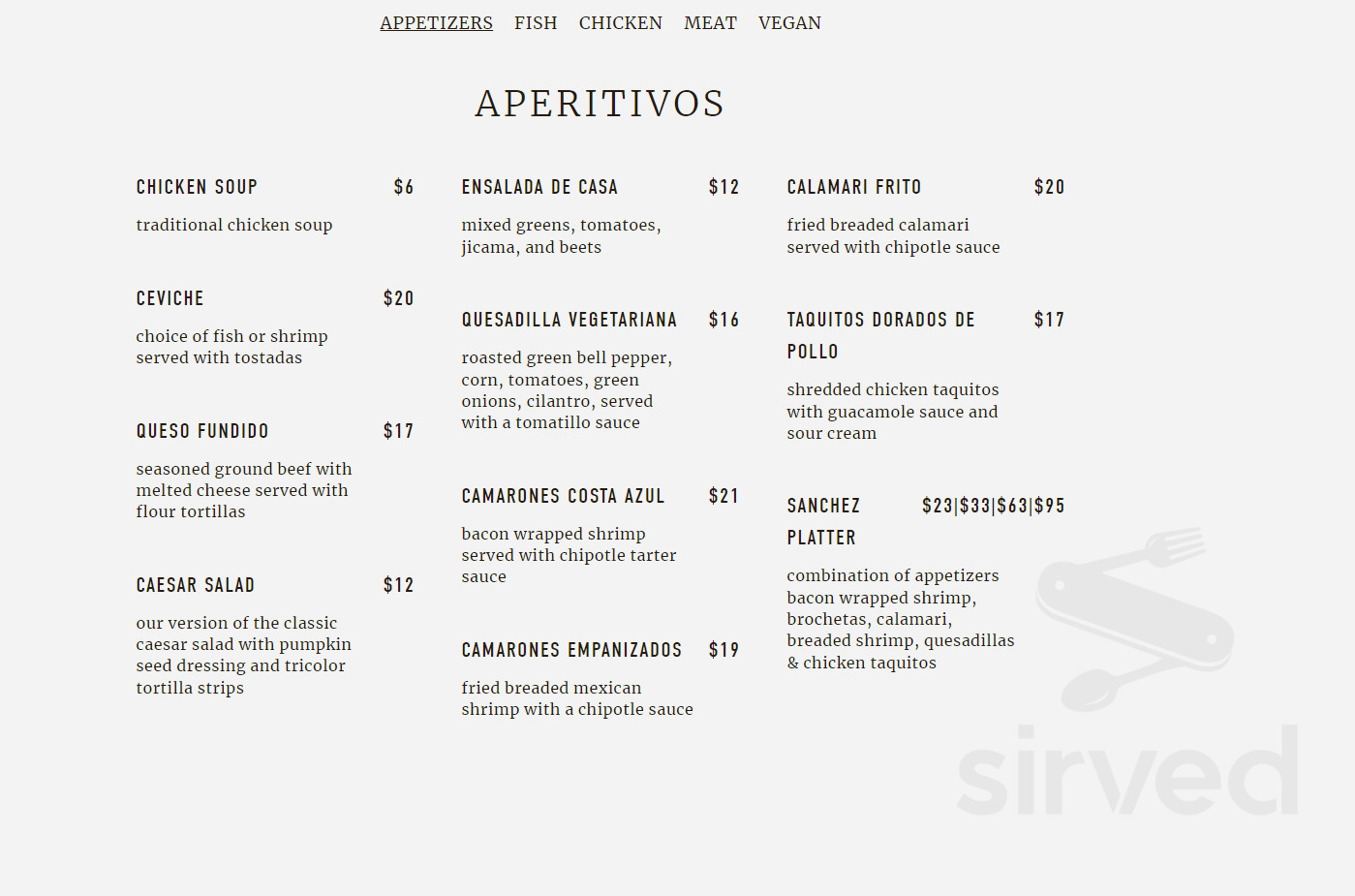 Casa Sanchez menu in Los Angeles, California, USA