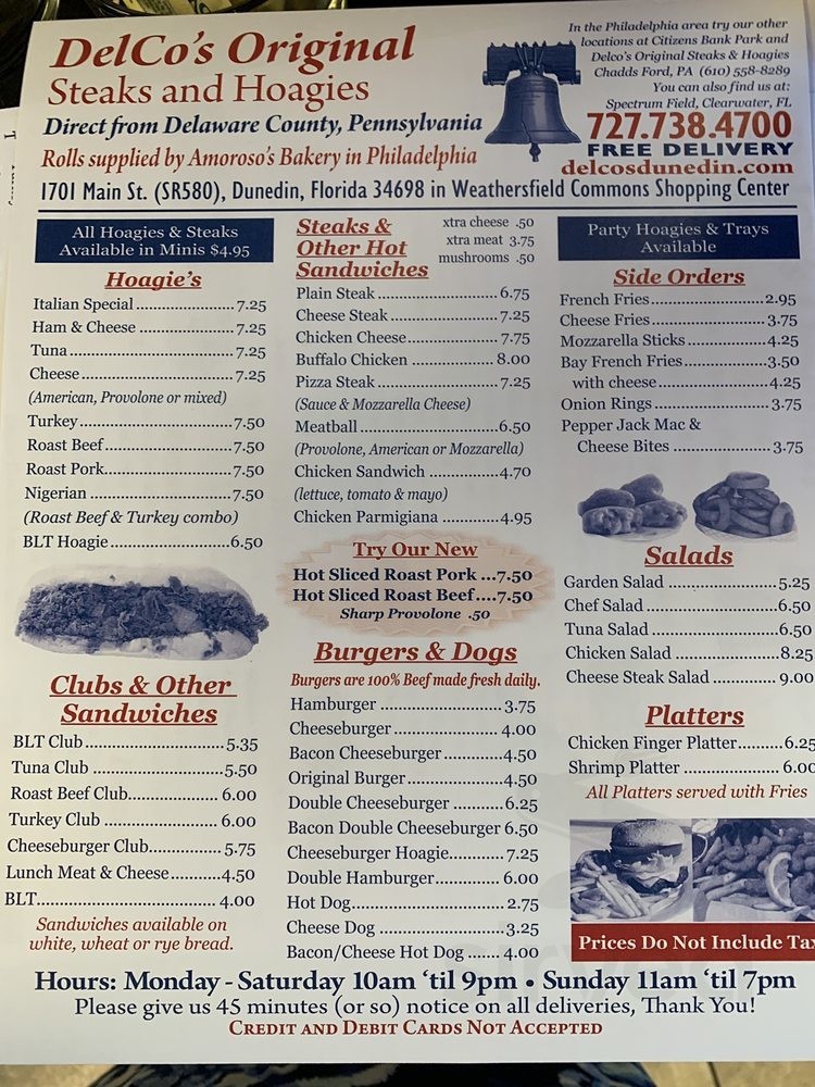 Menu for Delco's Original Steaks in Dunedin, FL | Sirved