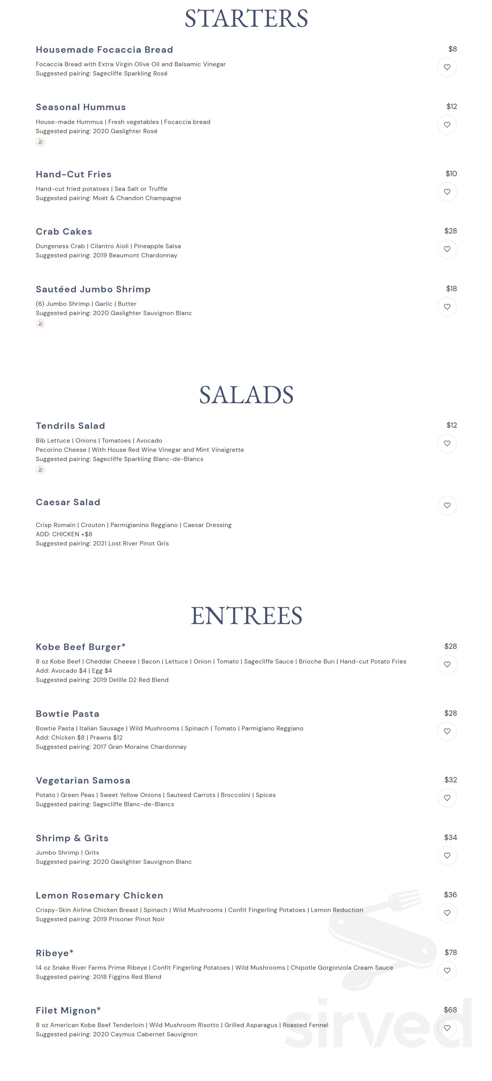 Tendrils Restaurant at Sagecliffe menu in Quincy, Washington, USA