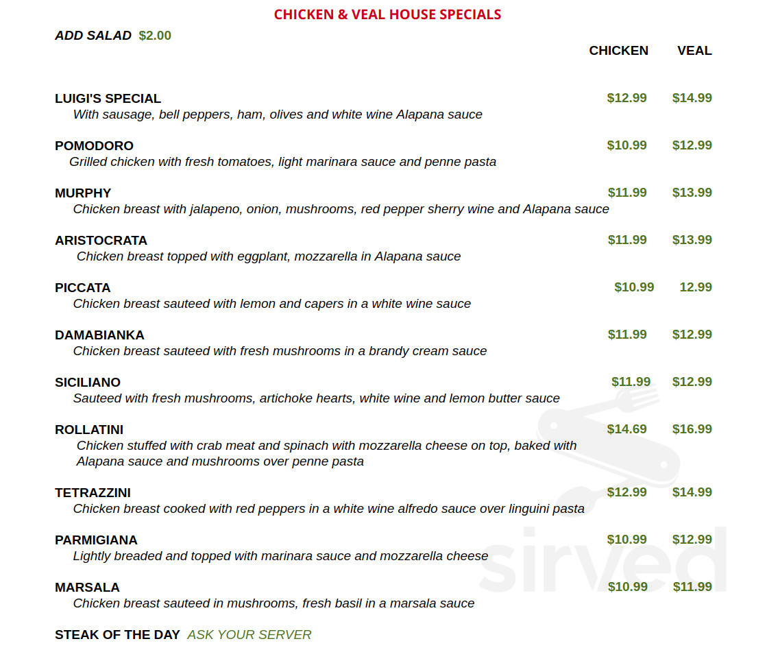 Luigi's menu in Mt Pleasant, Texas, USA