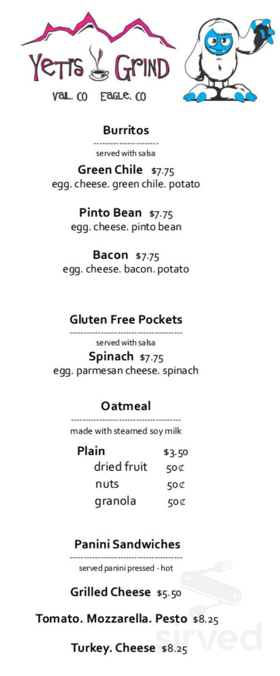 Yeti's Grind menu in Eagle, Colorado, USA