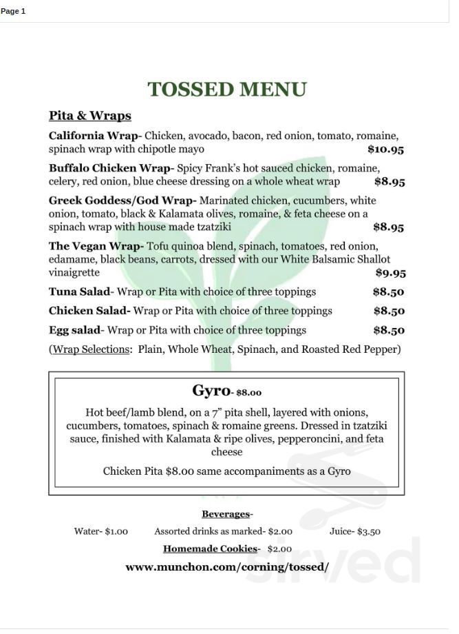 Menu - Corning NY's Tossed | Sirved