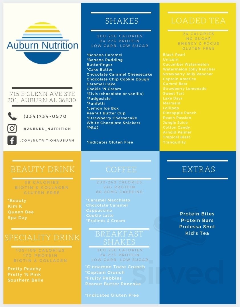 Auburn Nutrition menu in Auburn, Alabama, USA