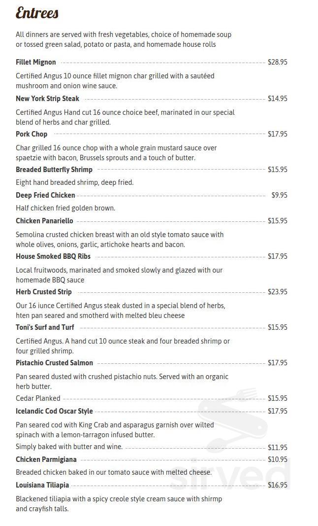 Toni's menu in Winnebago, Illinois, USA