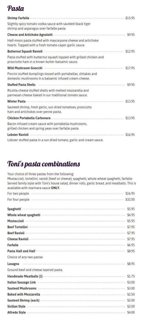 Toni's menu in Winnebago, Illinois, USA