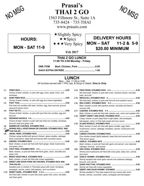 Prasai's Thai 2 Go menu in Twin Falls, Idaho, USA