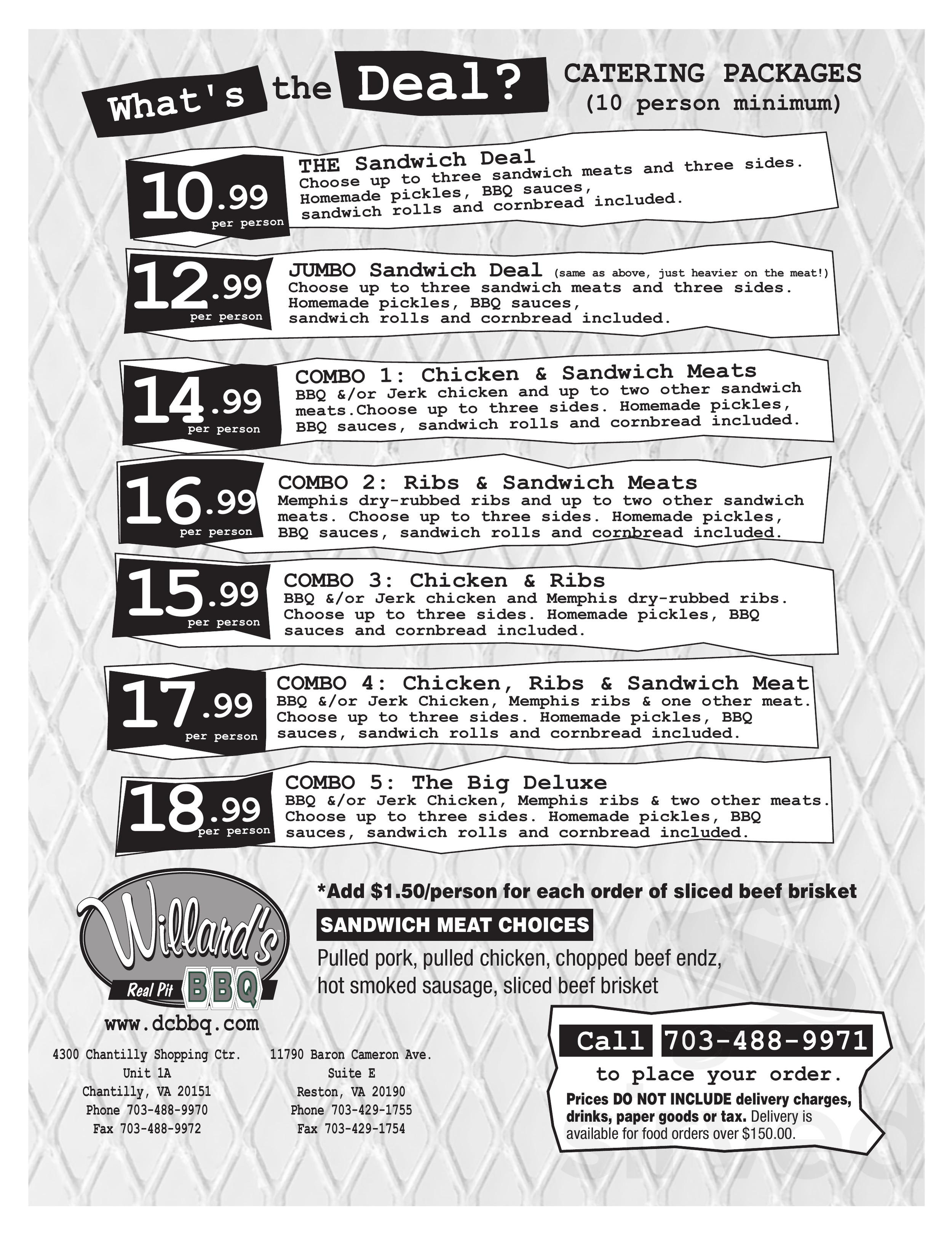 Willard's Real Pit BBQ menu in Chantilly, Virginia, USA