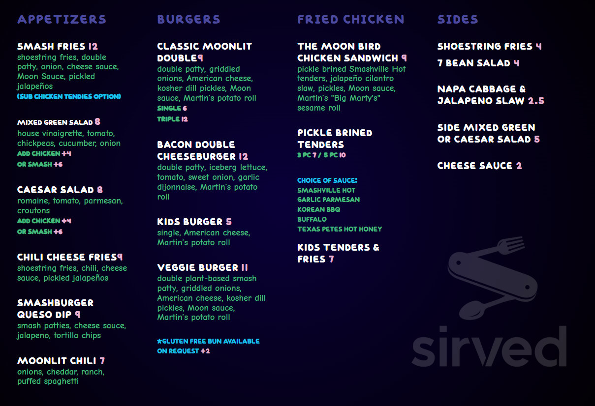 Menu for Moonlit Burgers Dormont in Pittsburgh, PA | Sirved
