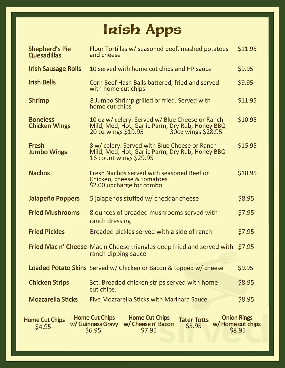 The Wexford Irish Pub & Grille menu in Tampa, Florida, USA