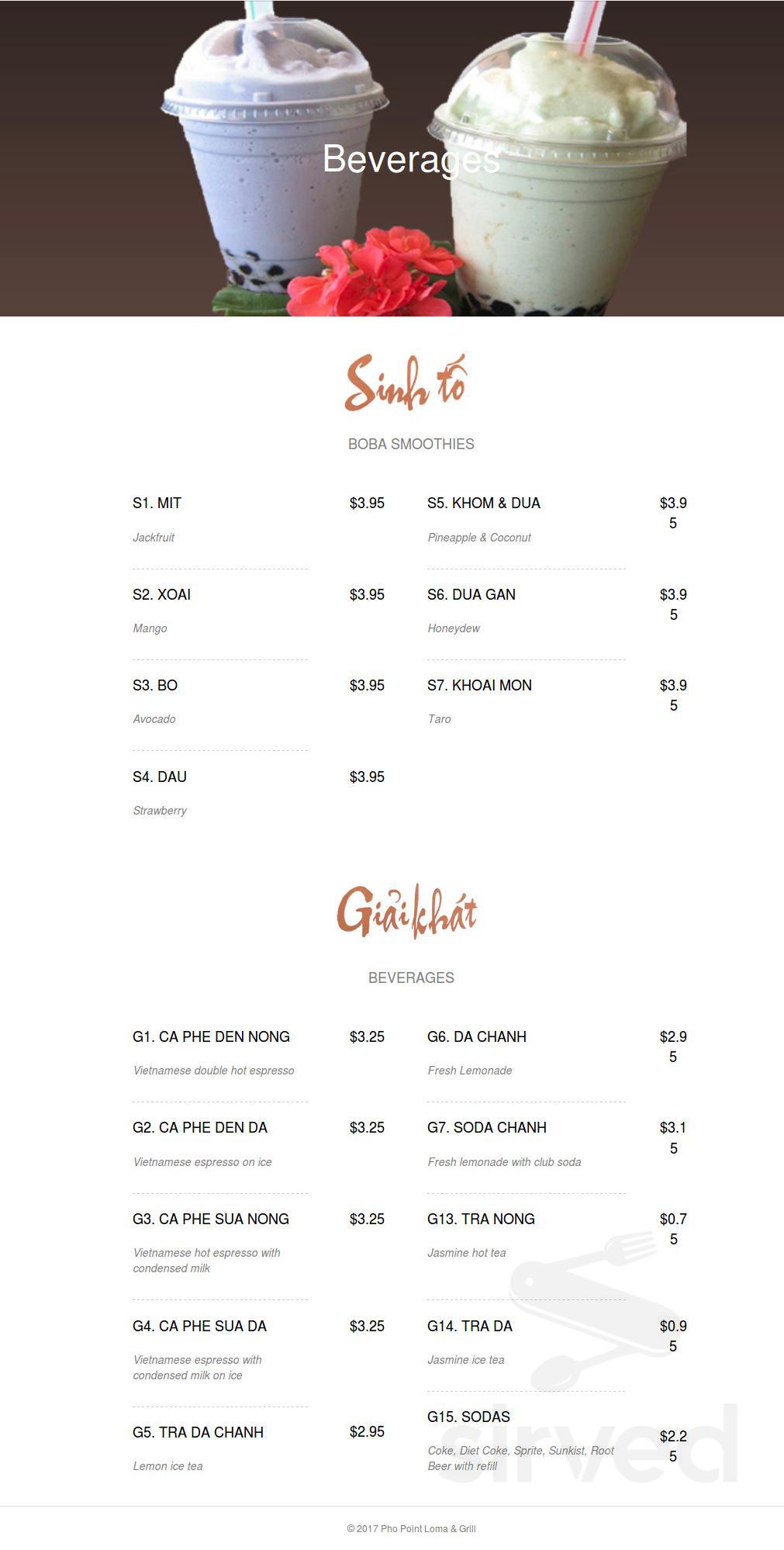 Ph? Point Loma & Grill menus in San Diego, California, United States