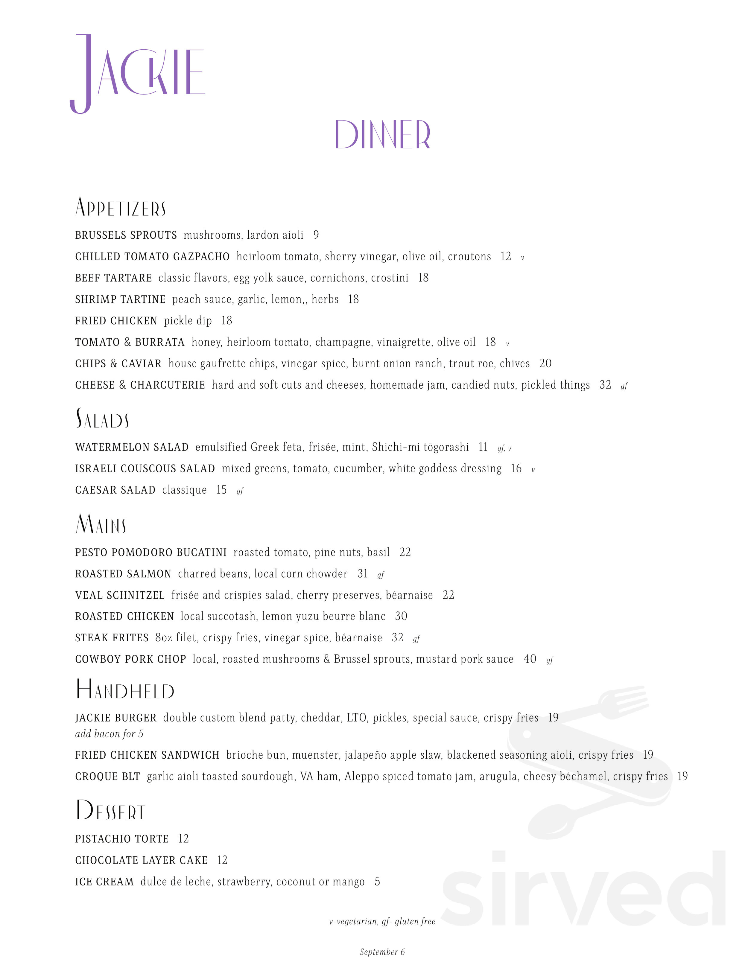 Jackie American Bistro menu in 79 Potomac Ave SE, Washington, DC 20003