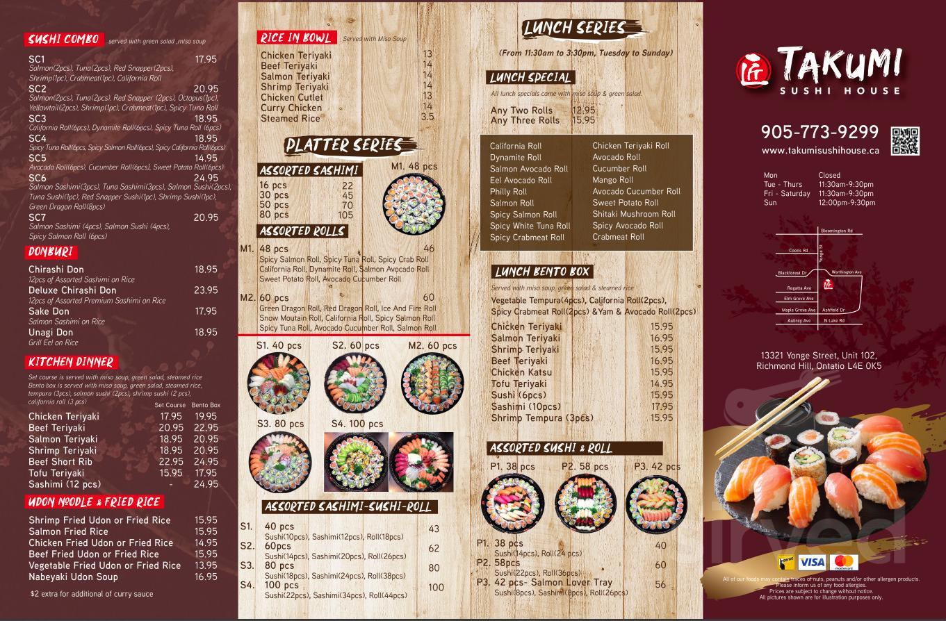 Takumi Sushi House menu in Richmond Hill, Ontario, Canada