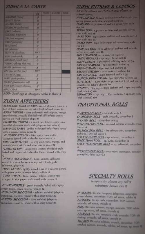 Yoshi Japanese Cuisine menu in Corpus Christi, Texas, USA