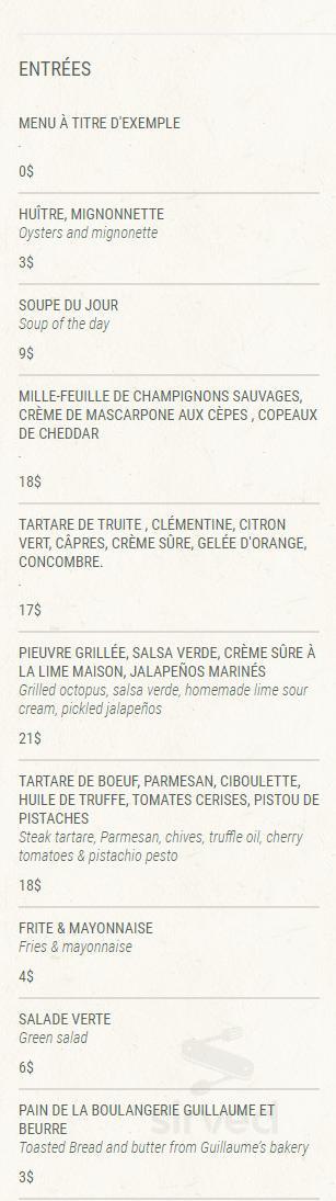Rosette Crèmerie menu in Montréal, Quebec, Canada