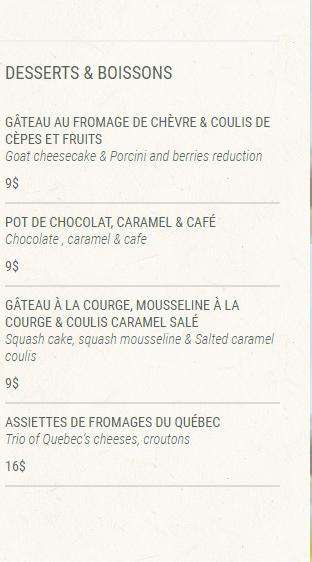 Rosette Crèmerie menu in Montréal, Quebec, Canada
