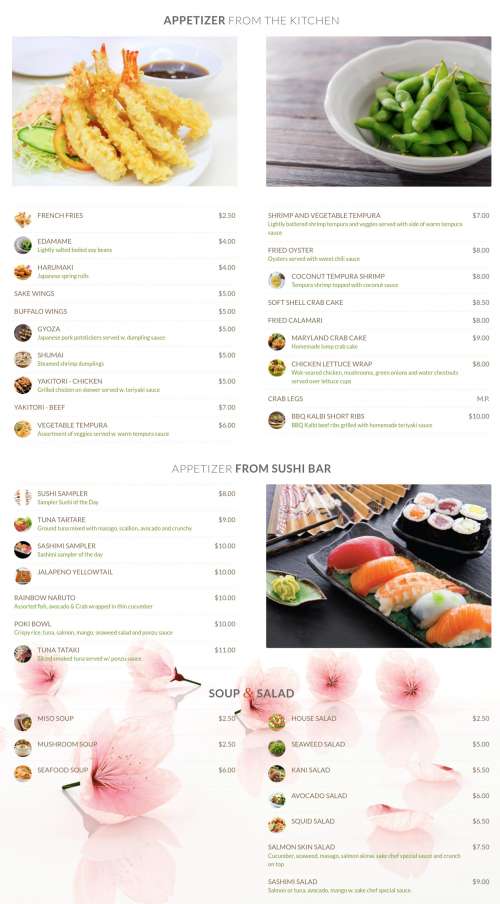 Sake Japanese Steak House menu in Glen Burnie, Maryland, USA